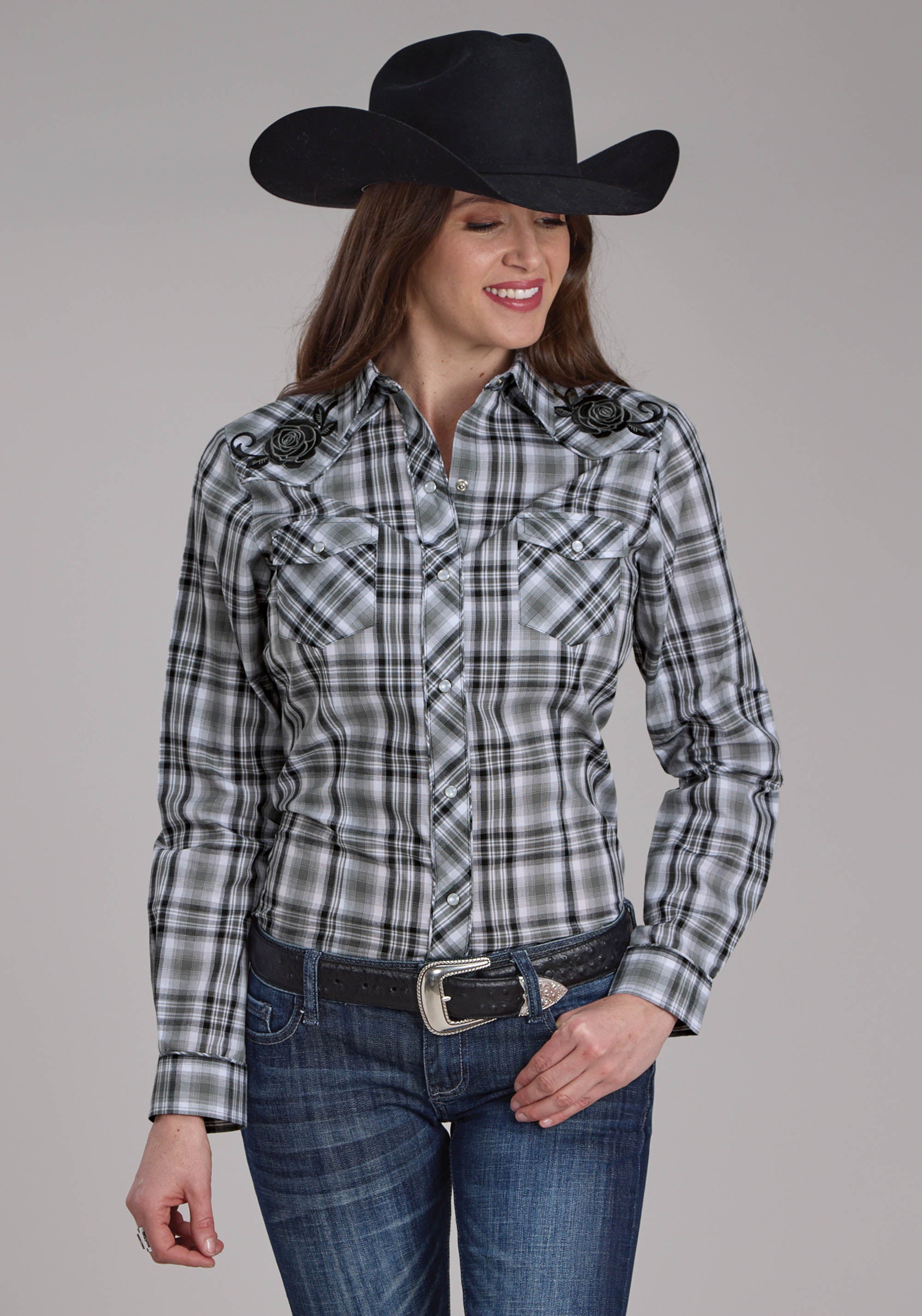 Womens Gray Black And White Plaid Long Sleeve Snap Western Shirt ...