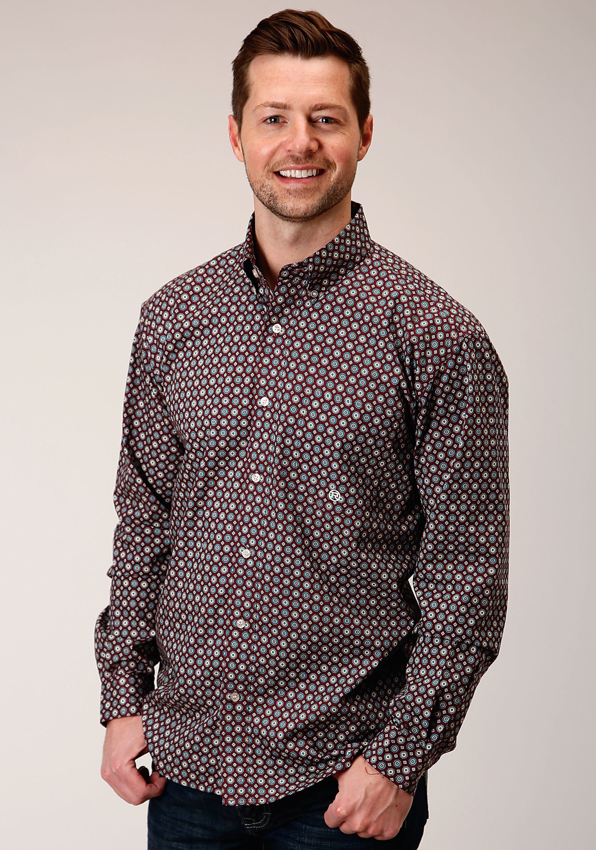 Mens Long Sleeve Button Red Currant Foulard Western Shirt – Roper ...