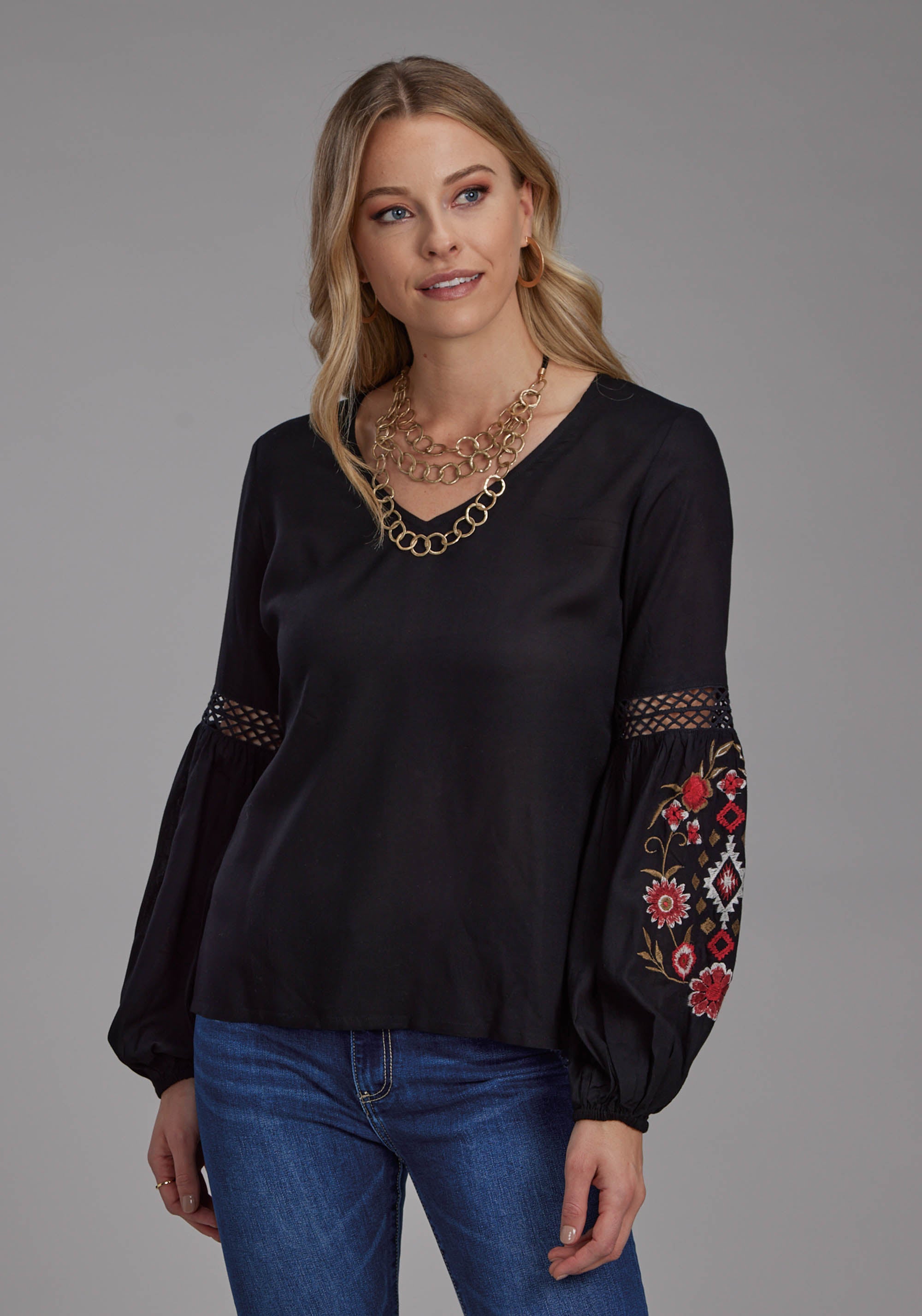 Womens Solid Rayon Challis Blouse Long Sleeve Pullover Western Shirt ...