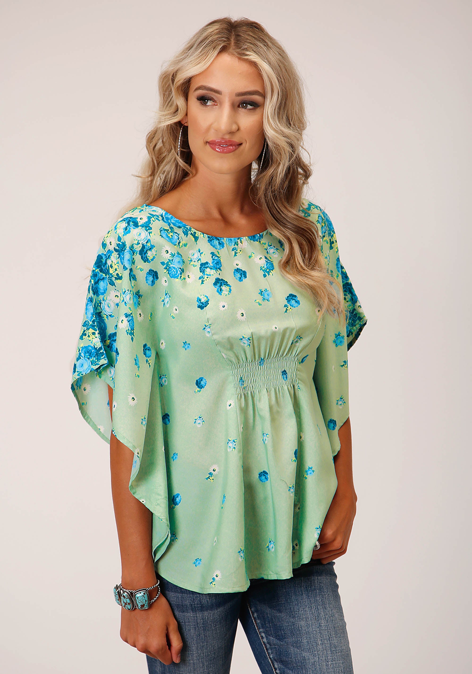 Womens Short Sleeve Summer Floral Brdr Print Amer Crepe Blouse – Roper ...