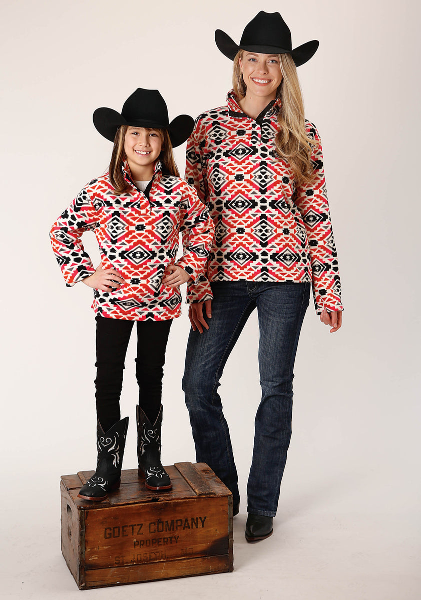 WOMENS GREY ORANGE PINK AZTEC PRINT FLEECE PULLOVER – Roper Apparel ...